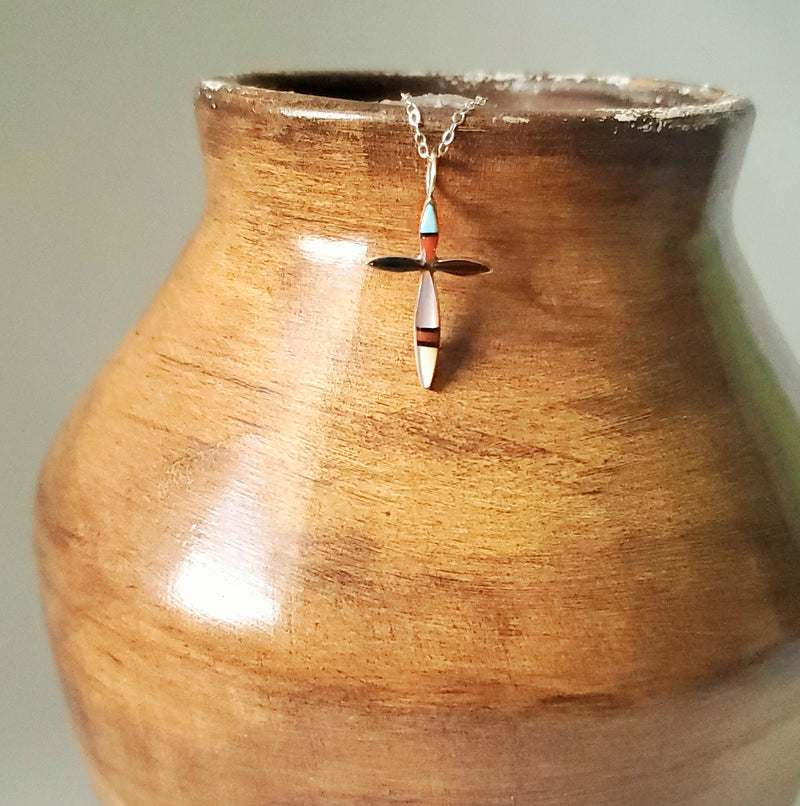 Zuni inlay Multi-Stone Inlay Cross Pendant Necklace – Navajo Jewelry ...