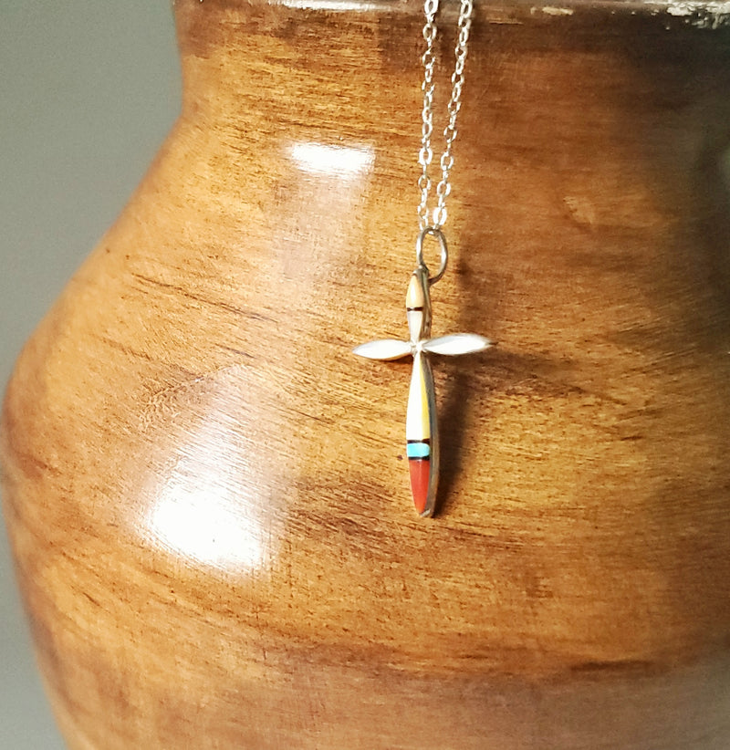 Zuni inlay Multi-Stone Inlay Cross Pendant Necklace – Navajo Jewelry ...