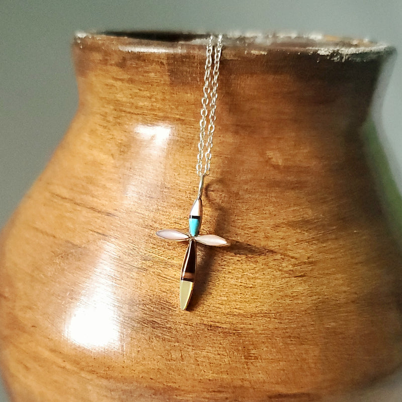 Zuni inlay Multi-Stone Inlay Cross Pendant Necklace – Navajo Jewelry ...